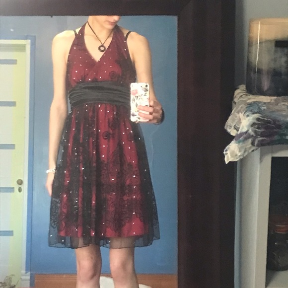 Ruby Rox | Dresses | Ruby Rox Red And Black Lace Overlay Floral Halter ...